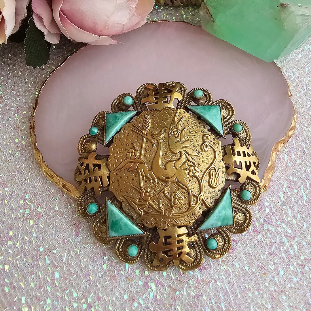 Neiger Brothers Large Vintage Peking Glass Brooch, Heron Crane Bird ...