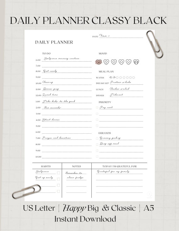 14 Day Meal Plan 1 Page Printable Instant Download Simple Design Black ...