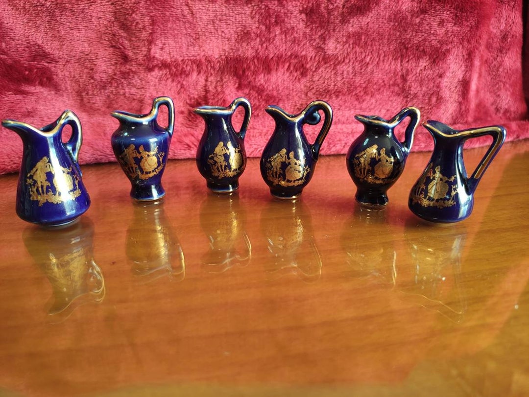 Set of Miniatures of Blue Ceramic Jugs and Vintage Collectible Gold ...