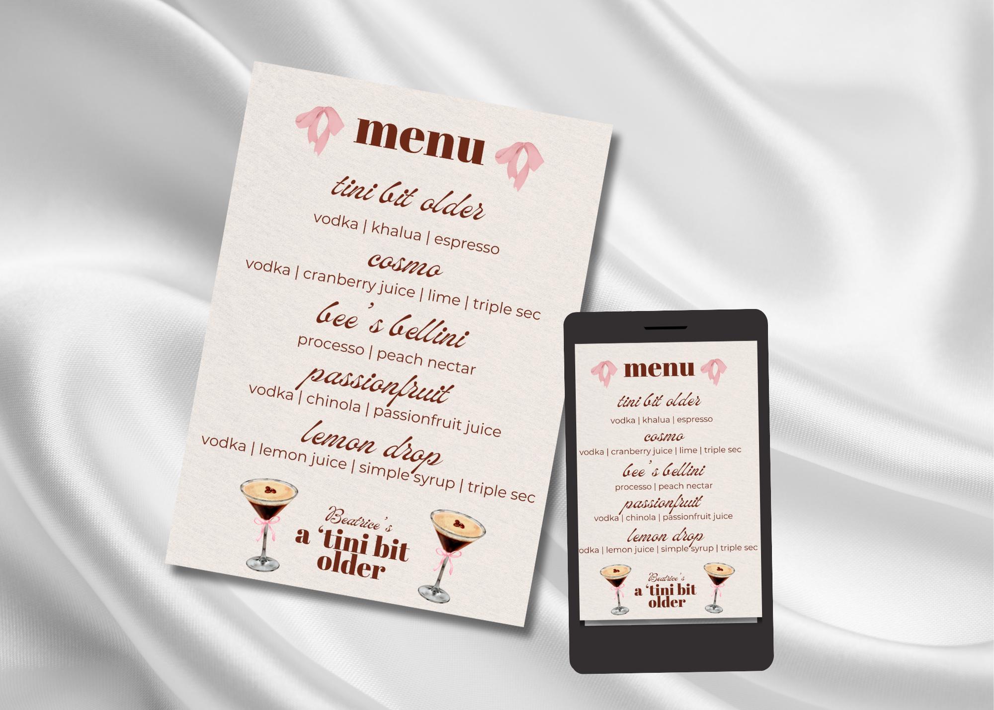 Tini Bit Older Party Drinks Menu | Espresso Martini Canva Template - Etsy