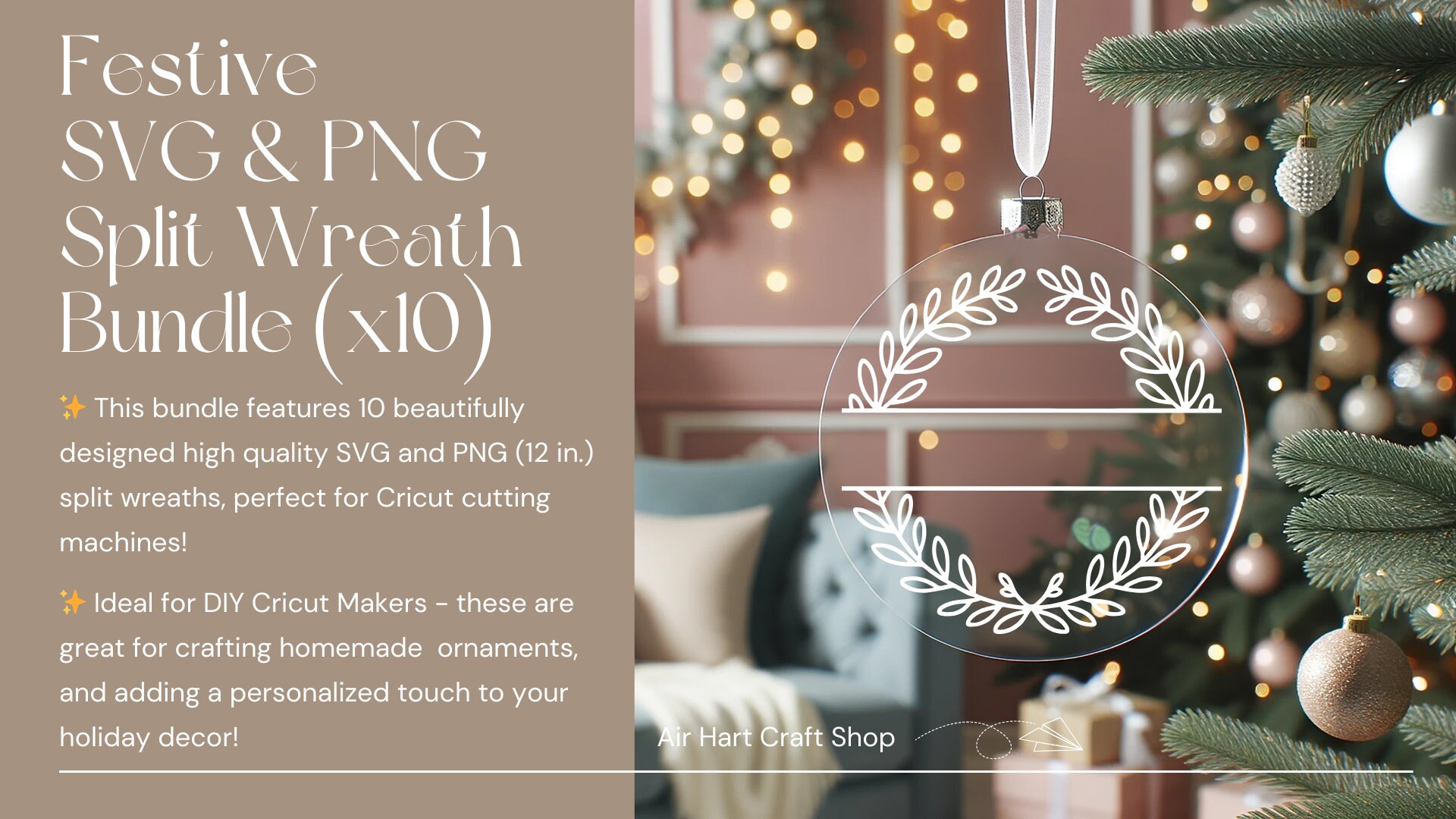 Split Wreath Frame SVG & PNG Bundle, 10 Festive Monogram Christmas ...