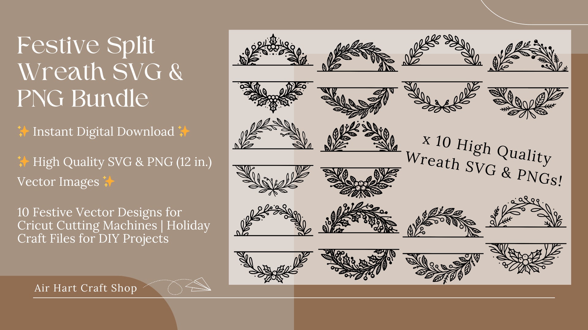 Split Wreath Frame SVG & PNG Bundle, 10 Festive Monogram Christmas ...