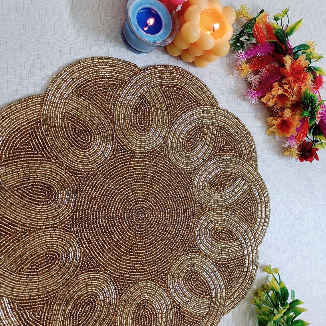 Handmade Beads Placemats, Golden Designer Tablemats, Wedding Charger ...