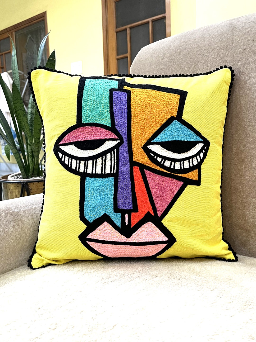 Modern Picasso Style Embroidery Pillow, Abstract Cotton Cushion Cover ...