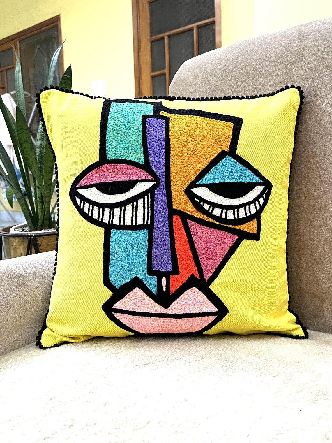 Modern Picasso Style Embroidery Pillow, Abstract Cotton Cushion Cover ...