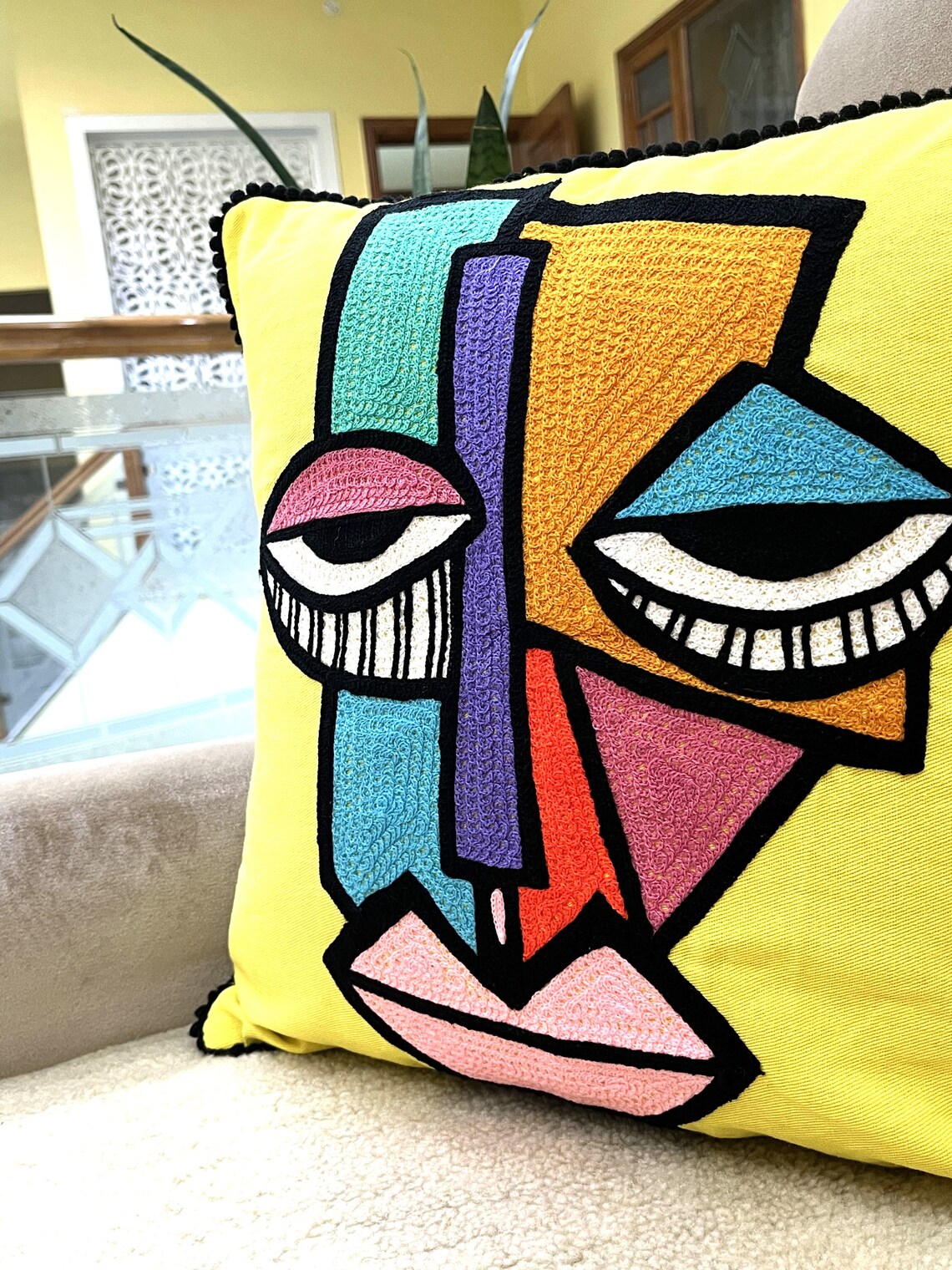 Modern Picasso Style Embroidery Pillow, Abstract Cotton Cushion Cover ...