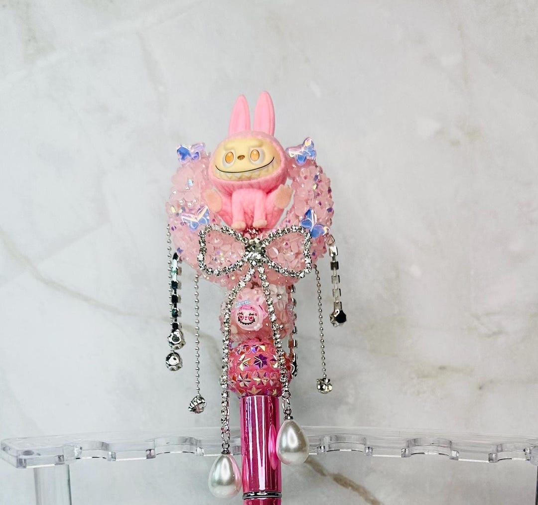 Pink Labubu Figurine, Moon Pen, Pink Shiny Metallic Pen, Rhinestone Pen ...
