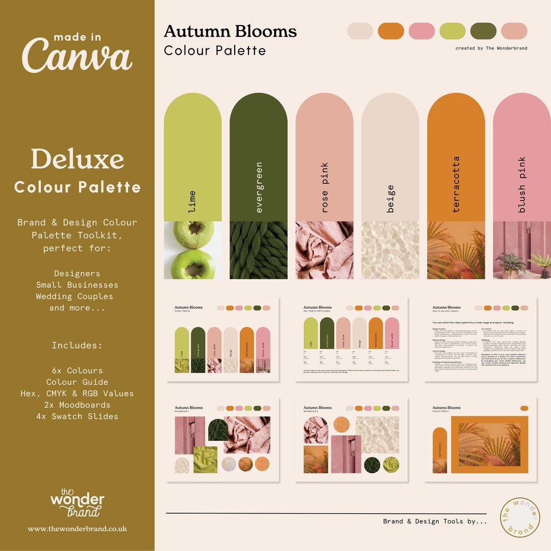 デラックス オータム ブルーム ブランド パレット。編集可能な Canva カラー パレット (16 進コード付き)。中小企業向けブランディング キット。秋のカラー パレット キット ...