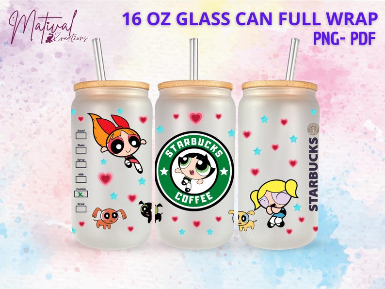 Power Puff Girls Glass Wrap, 16 Oz and 20oz Glass Can Wrap PNG, Glass ...