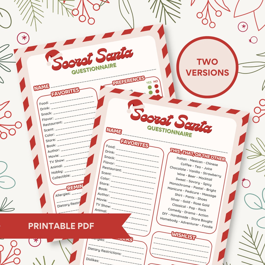 Secret Santa Questionnaire Ready to Print PDF for Office, Family, and ...