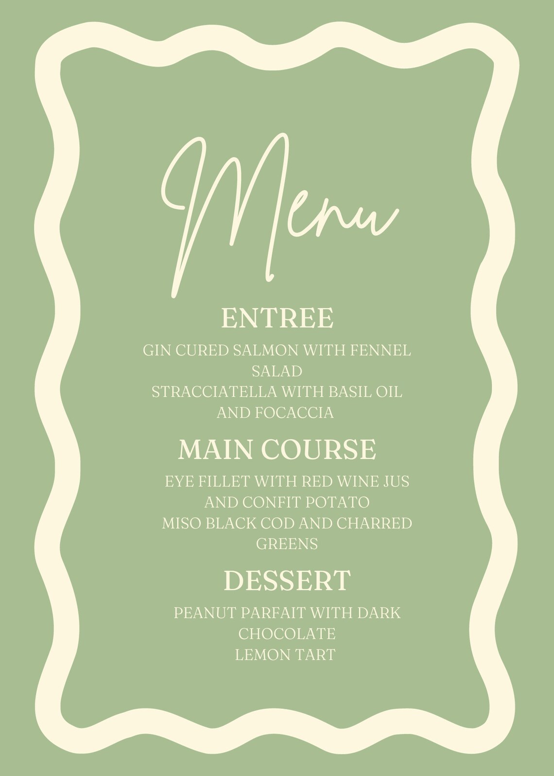 Sage Green Garden Party Menu With Squiggle Border Scalloped Border ...