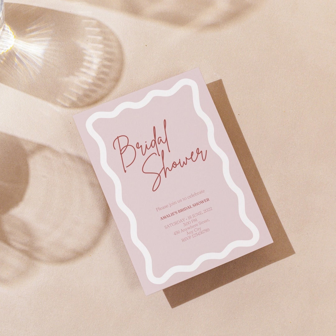 Blush Pink Bridal Shower Invitation With Squiggle Border | Scalloped ...