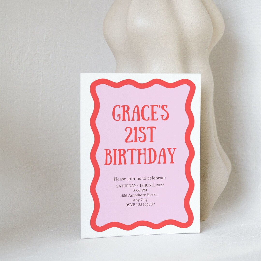 Pink 21st Birthday Invitation | Scalloped Border | Squiggle Border ...