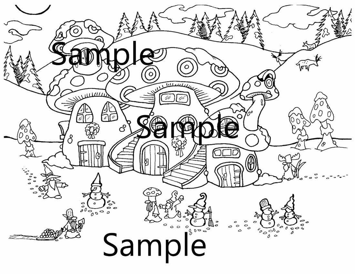 Christmas Gnome Mushroom Village Coloring Page Instant Download ...