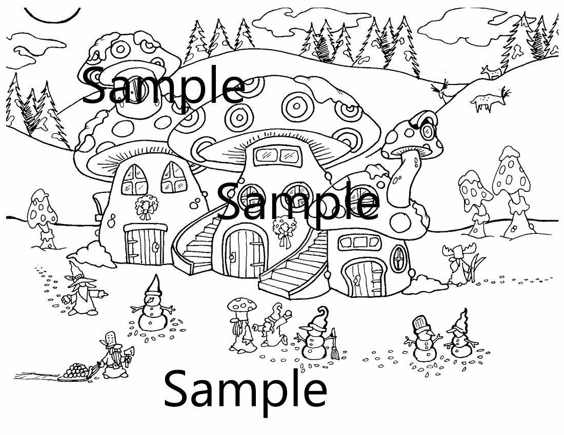 Christmas Gnome Mushroom Village Coloring Page Instant Download ...