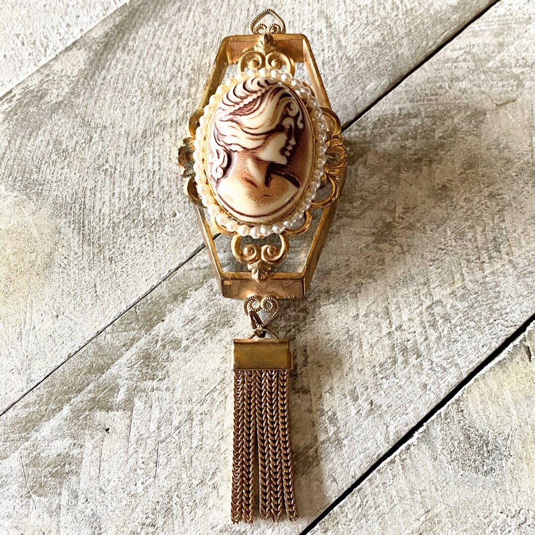 Vintage Cameo Tassel Brooch Pin Faux Pearls Gold Tone Filagree Etsy