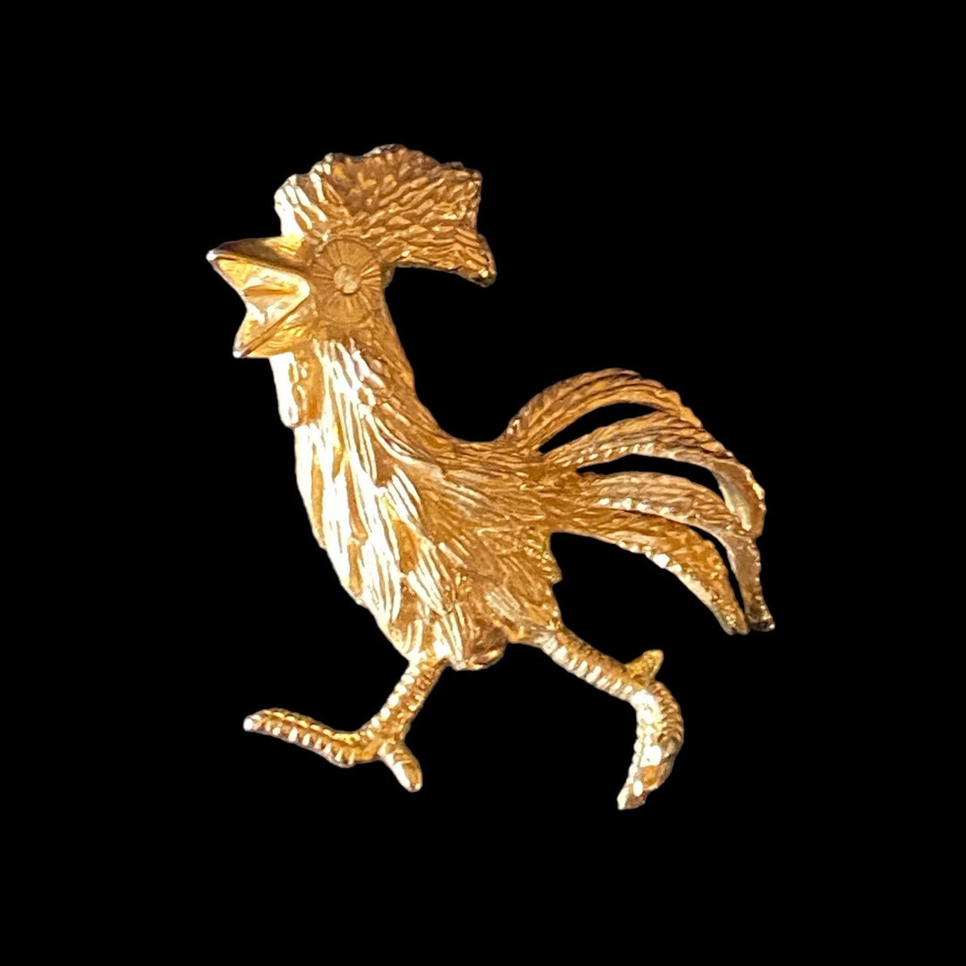 Vintage Rooster Brooch Pin Brushed Gold Tone Clear Rhinestone Accent - Etsy