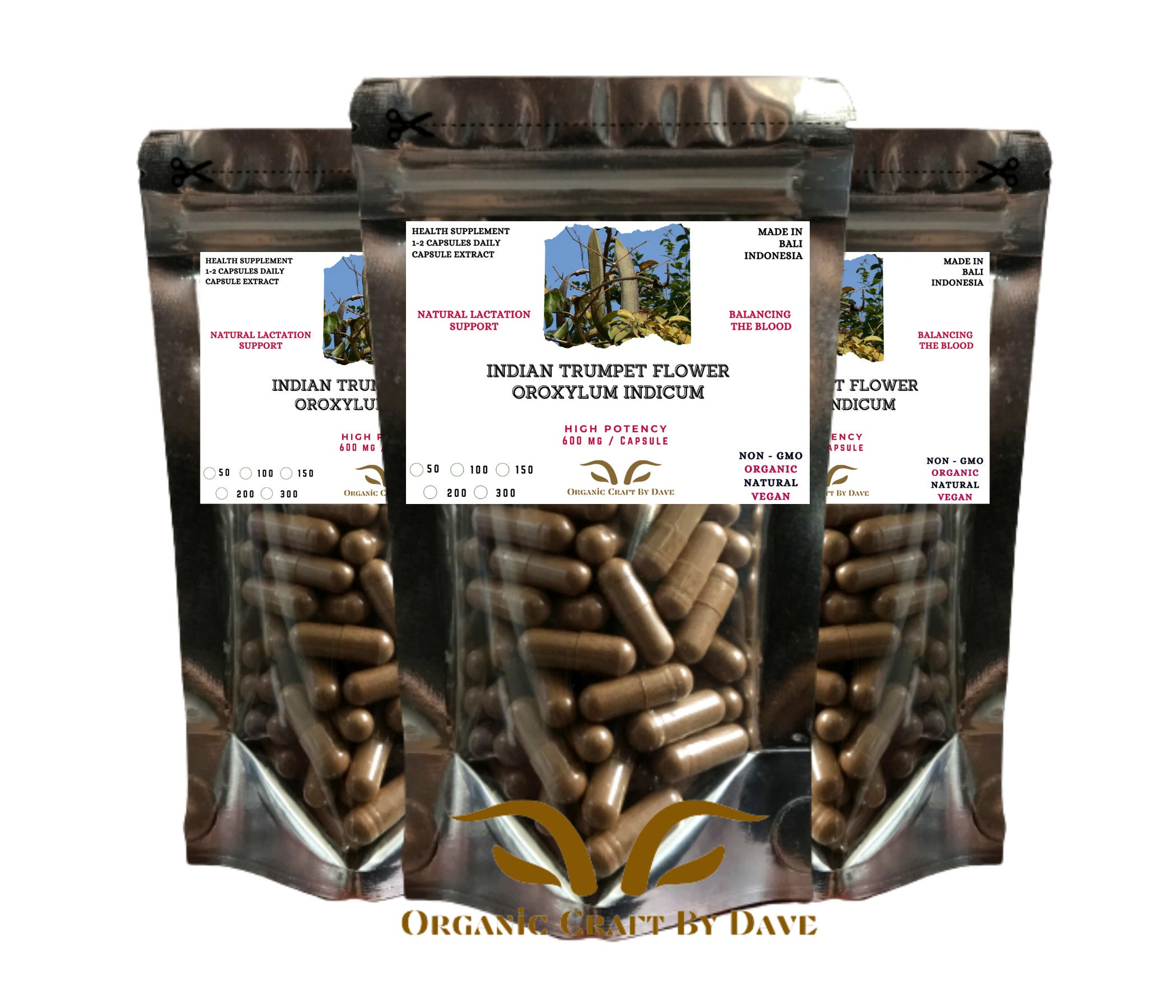 Pure Indian Trumpet Bark 100 Capsules Extract 600 Mg Organic Oroxylum ...
