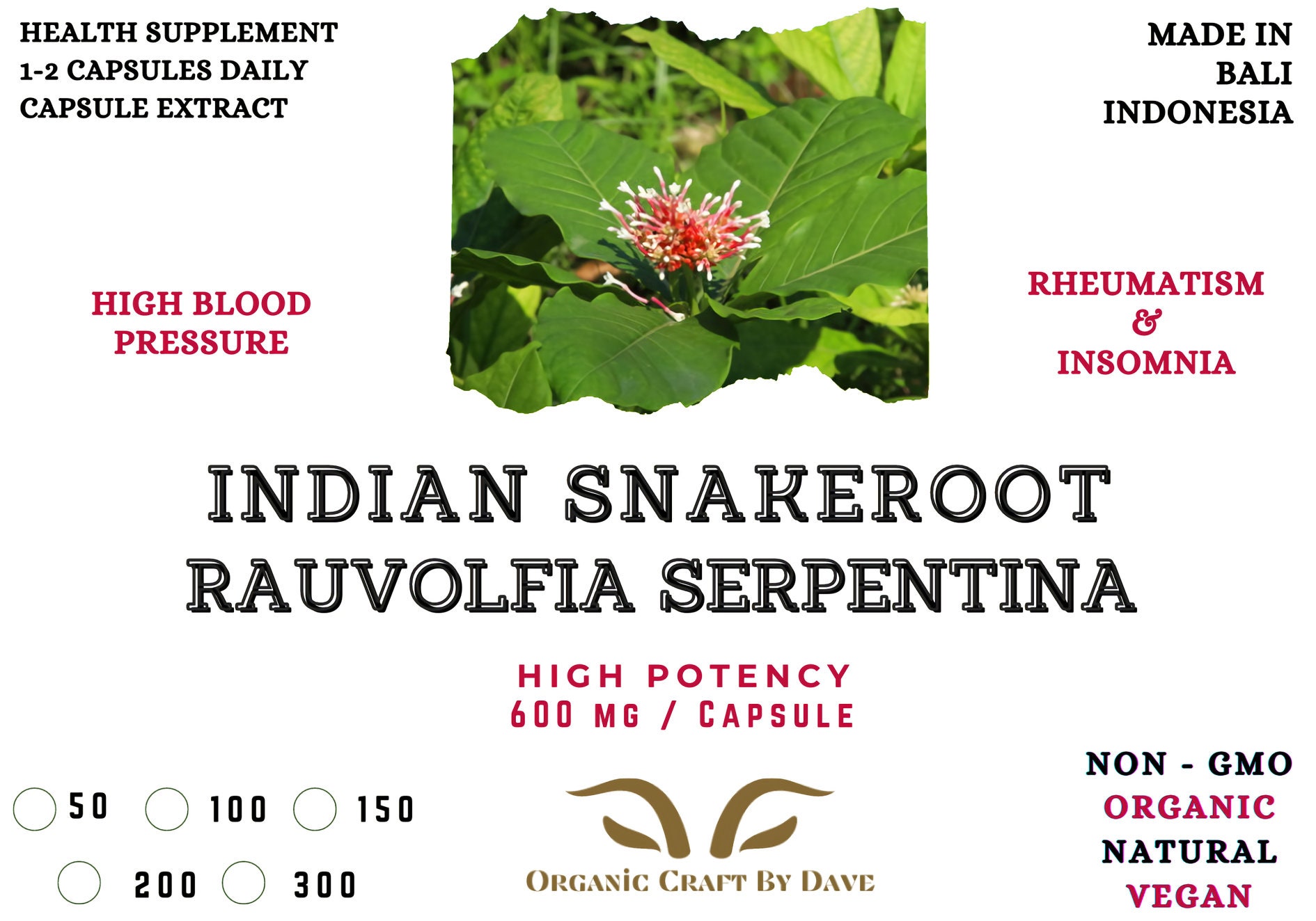 Organic Indian Snakeroot Extract Capsules 600 Mg Vegetarian Rauvolfia ...