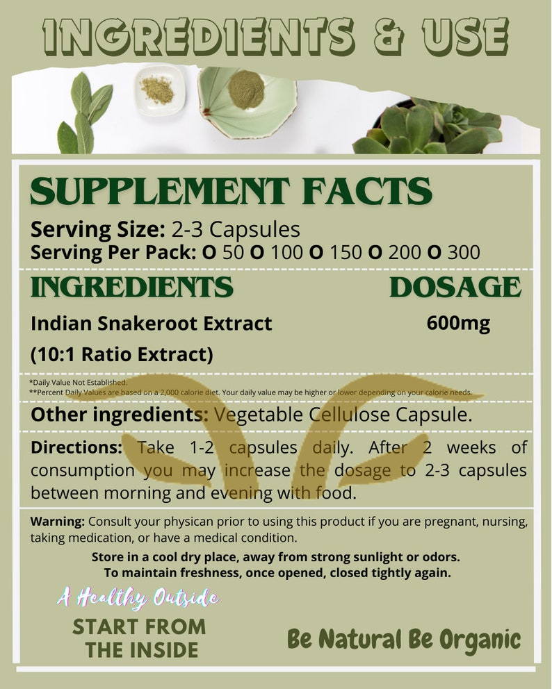 Organic Indian Snakeroot Extract Capsules 600 Mg Vegetarian Rauvolfia ...
