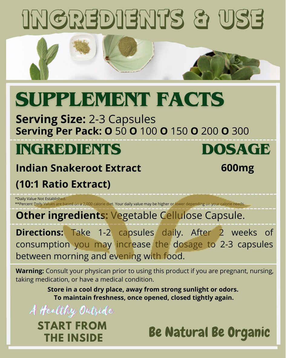 Organic Indian Snakeroot Extract Capsules 600 Mg Vegetarian Rauvolfia ...