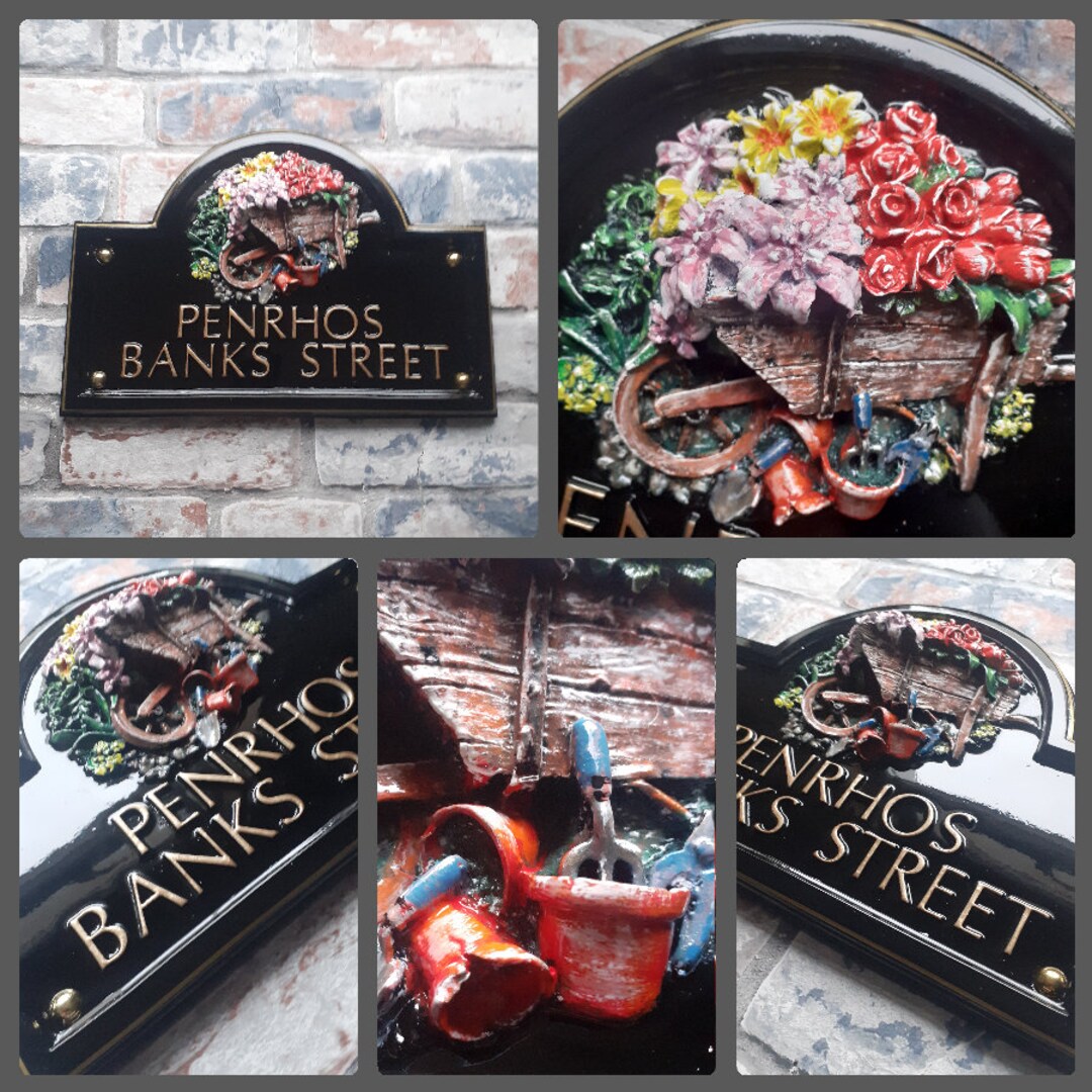 Traditional House Name Sign | Hand-painted Barrow of Flowers Sculpture ...
