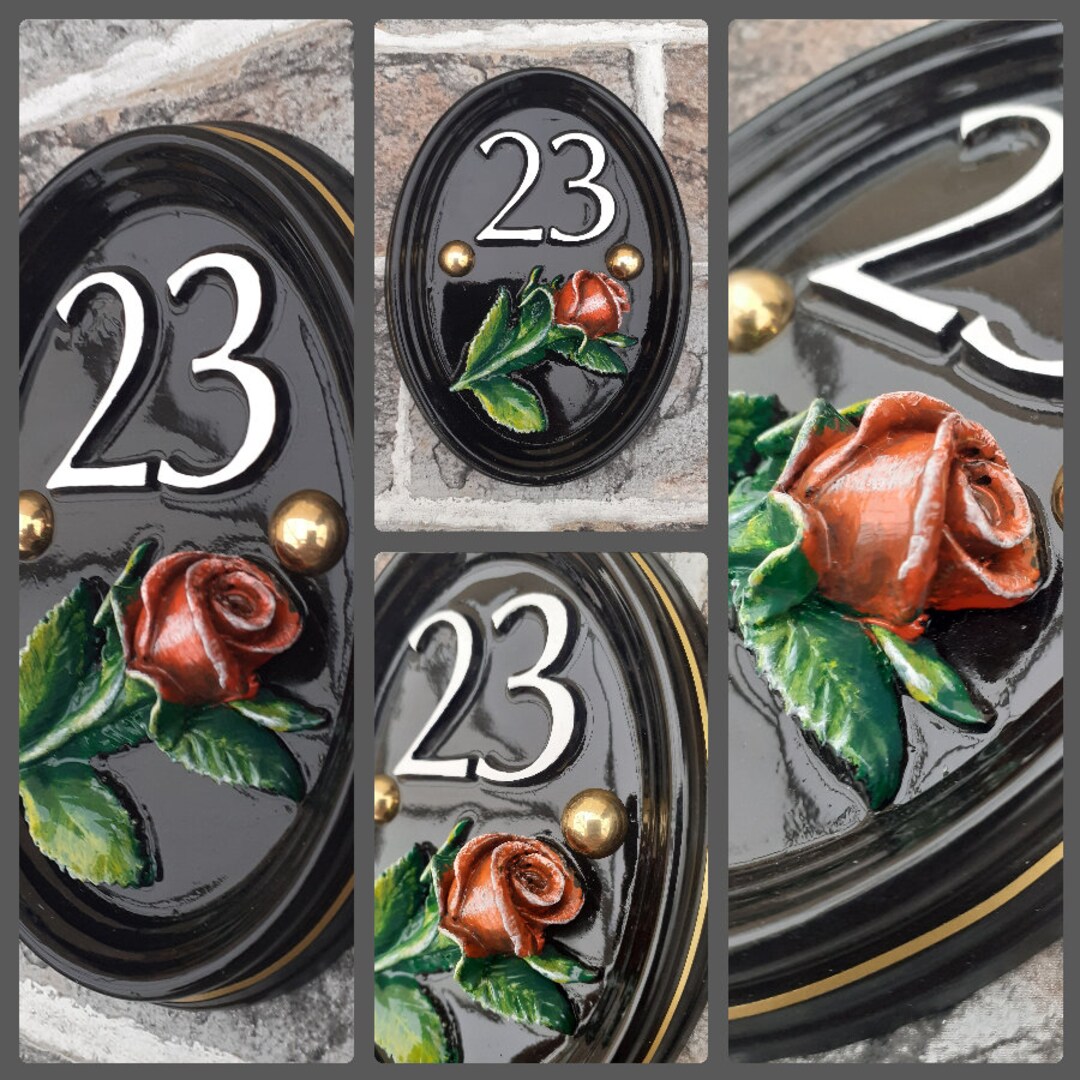 Cast Resin House Number Sign With Little Rose, Various Colours ...