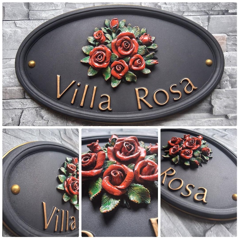 Hand Painted Personalised Oval Solid Cast Resin House Name Sign | Rose ...