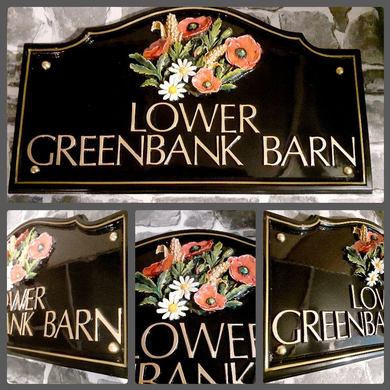 Traditional House Name Sign | Hand-painted Poppy Flowers Sculpture ...