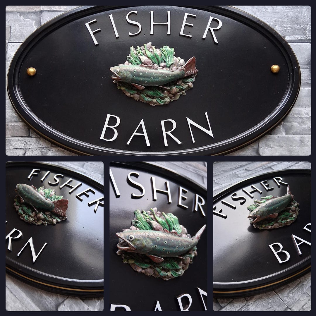 Personalised Solid Cast Resin House Name Number Sign With a Salmon ...