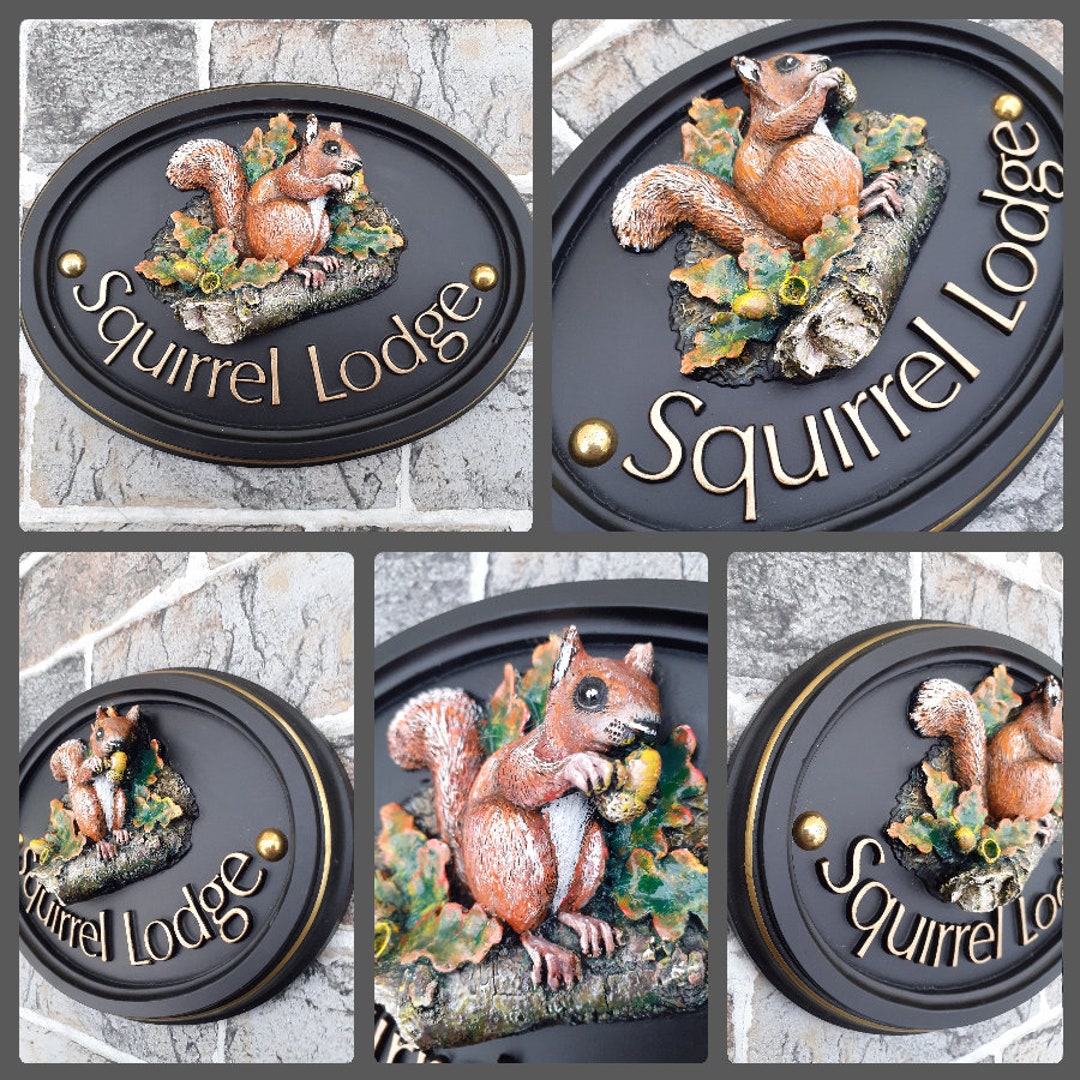 Personalised Oval House Number Sign With a Squirrel Sculpture, Solid ...