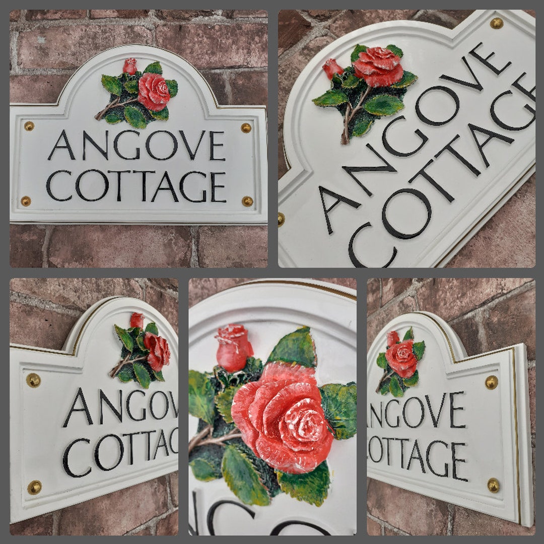 Traditional House Name Sign | Hand-painted Rose Sculpture | Solid Cast ...