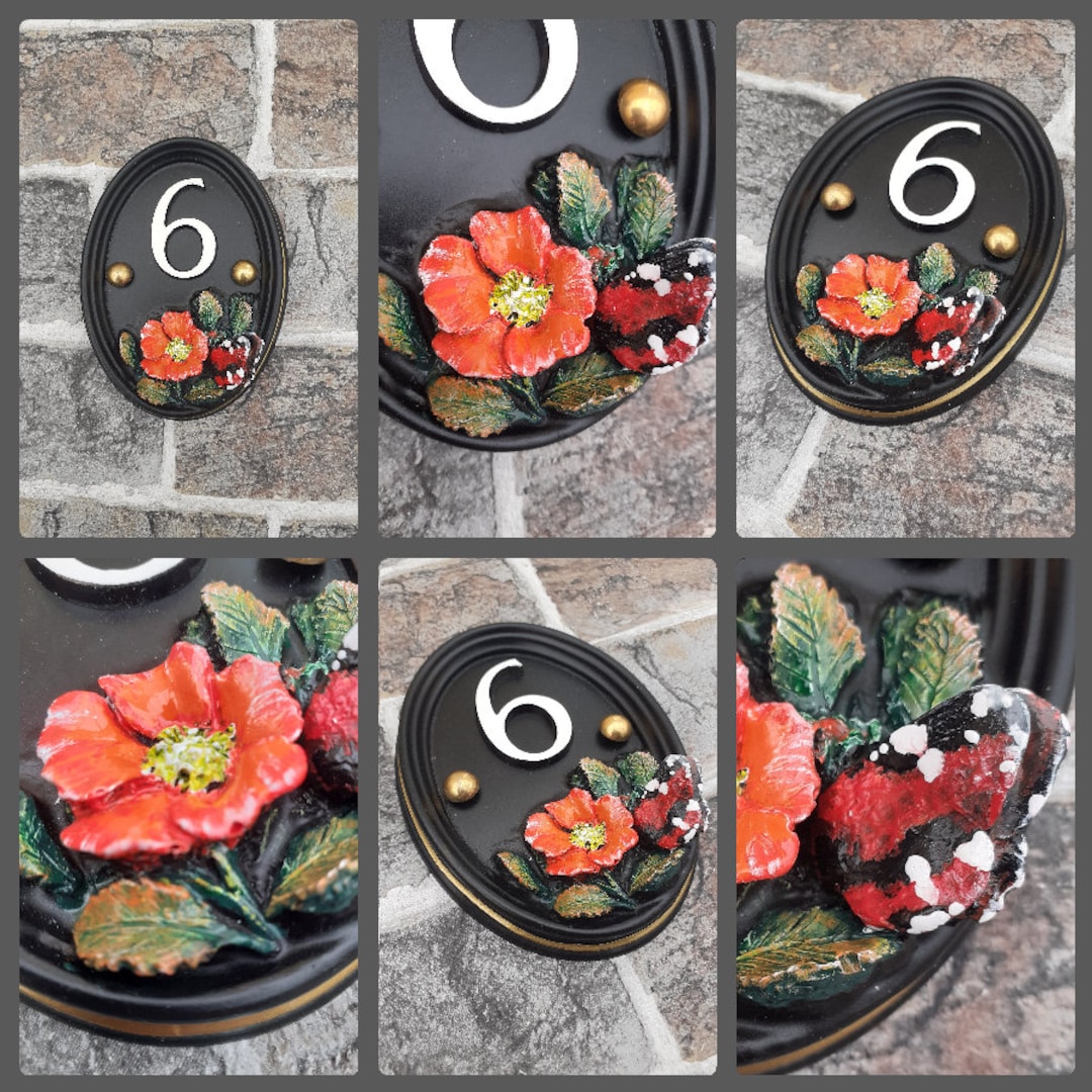 Poppy and Butterfly Sculpture Solid Cast Resin House Number Sign ...