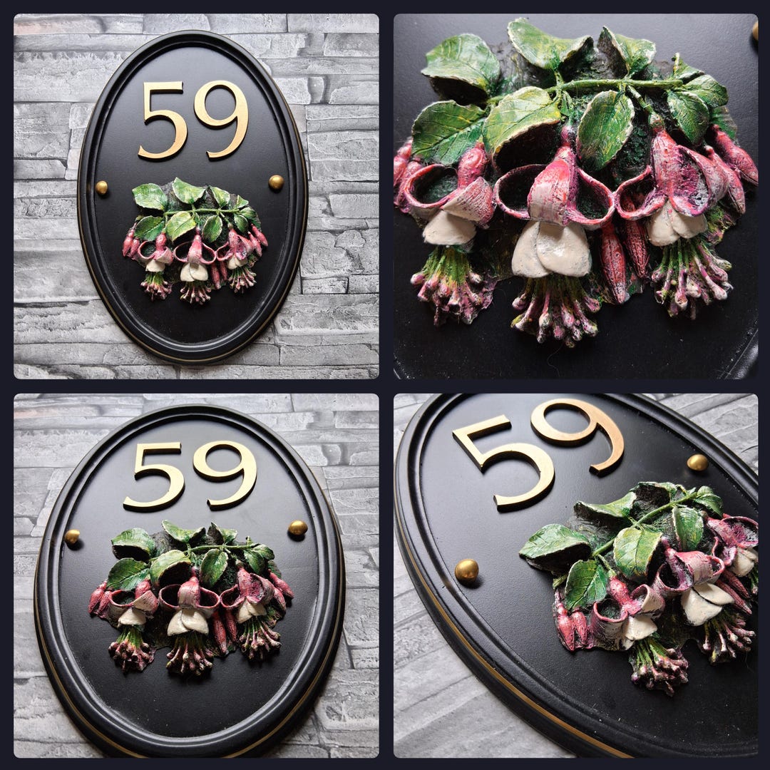 Oval Bespoke House Number Sign With a Fuchsia Sculpture | Solid Cast ...