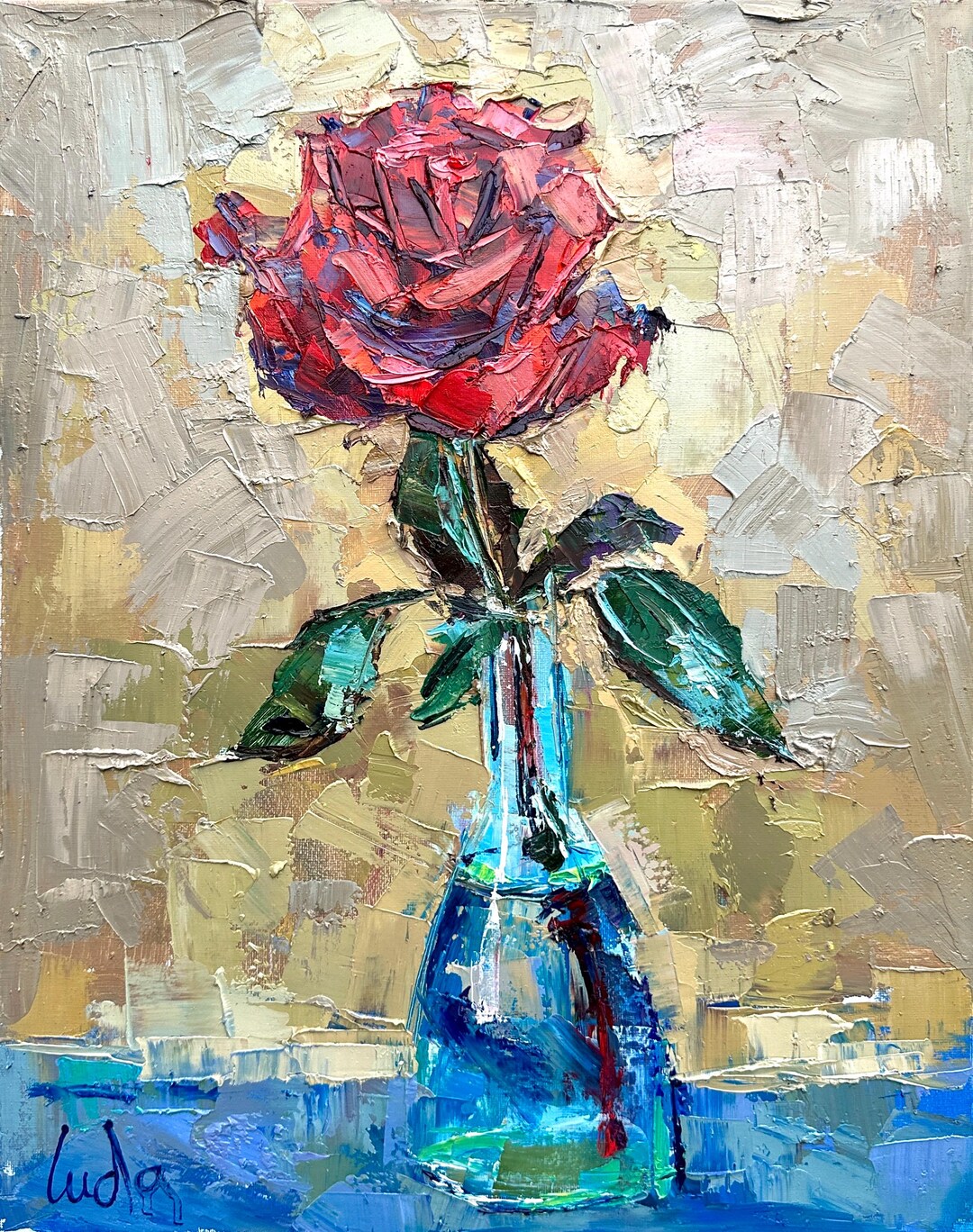 Impasto Red Rose Oil Painting on Stretched Canvas 20x16 Inches Original ...