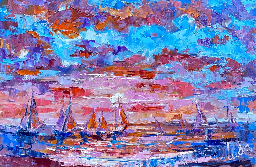 Impasto Sunset Seascape Ocean Sailboats Painting Boats on Water ...