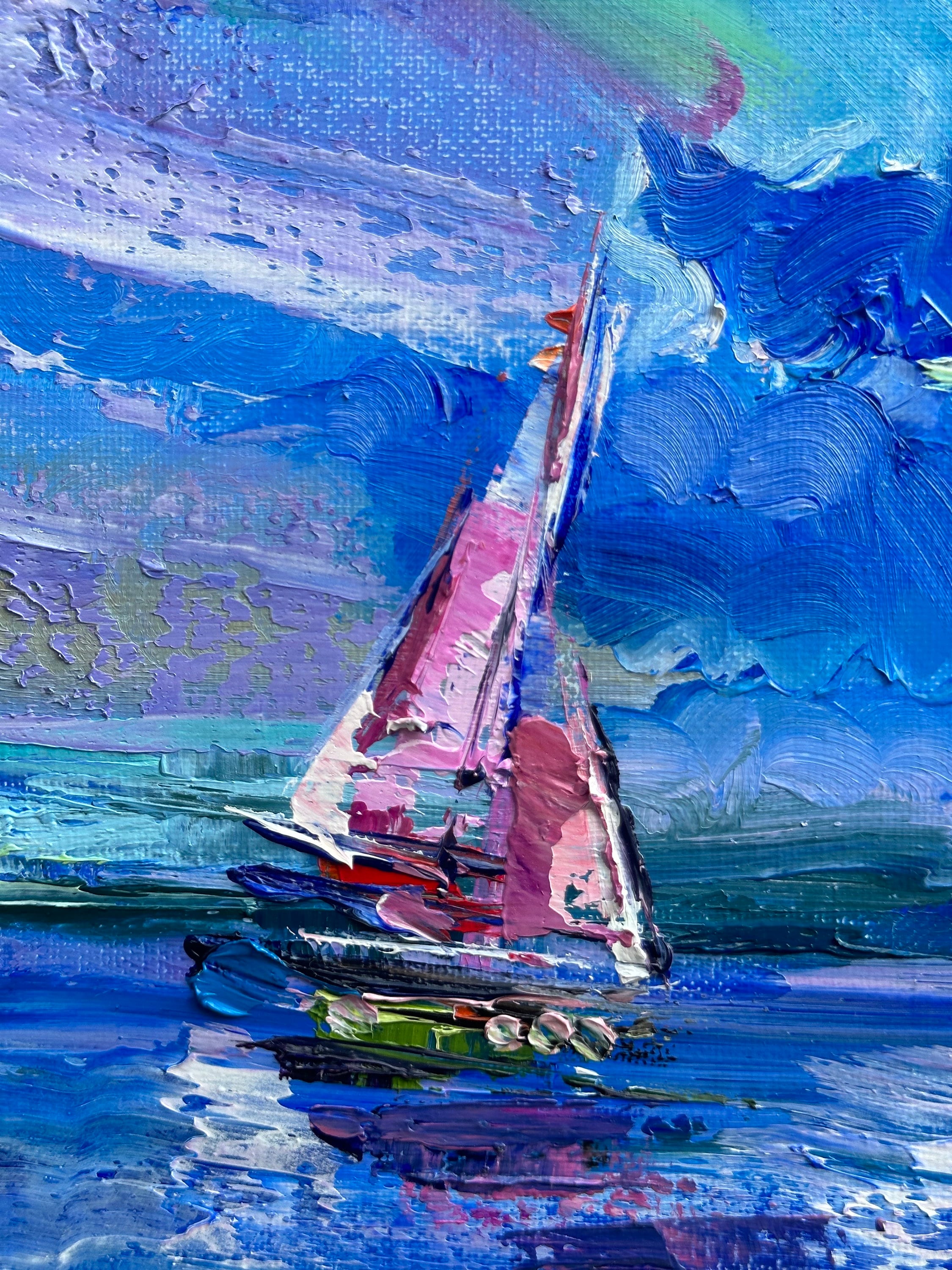 Impasto Seascape Boat on Ocean Water Sailboat Painting Blue Landscape ...