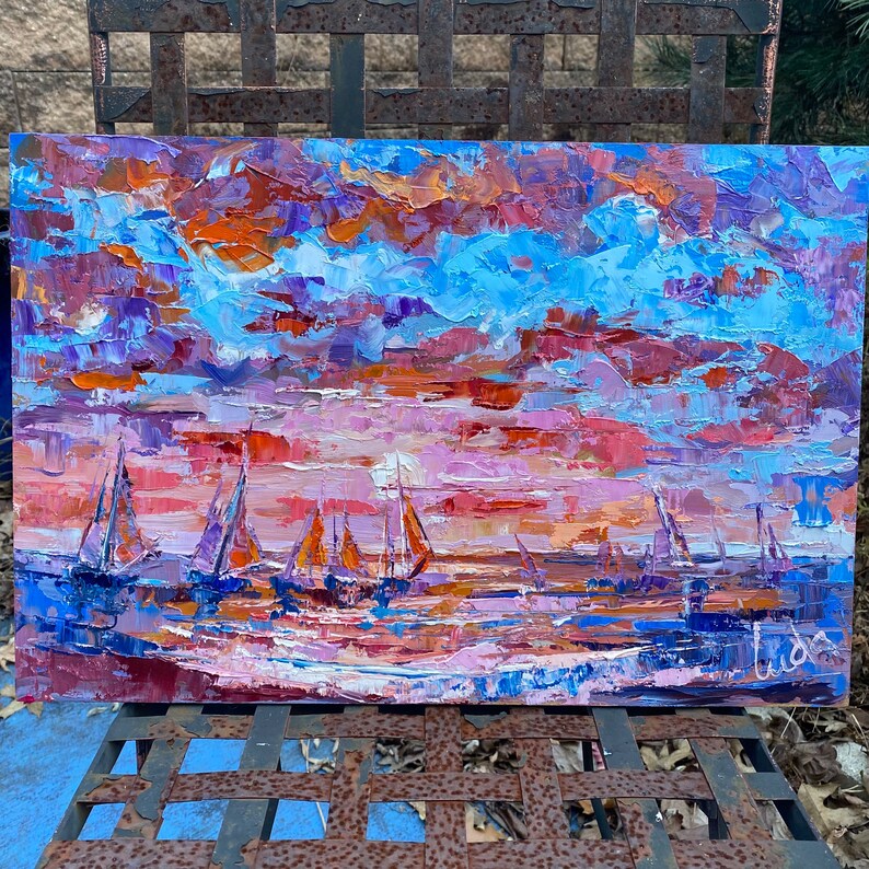 Impasto Sunset Seascape Ocean Sailboats Painting Boats on Water ...