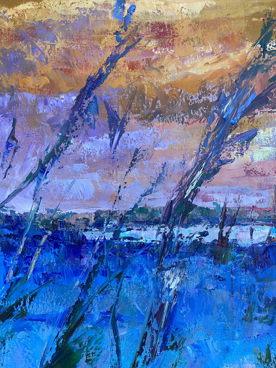 Impasto Nature Sunset Open Field Swamp Landscape Oil Painting on Canvas ...