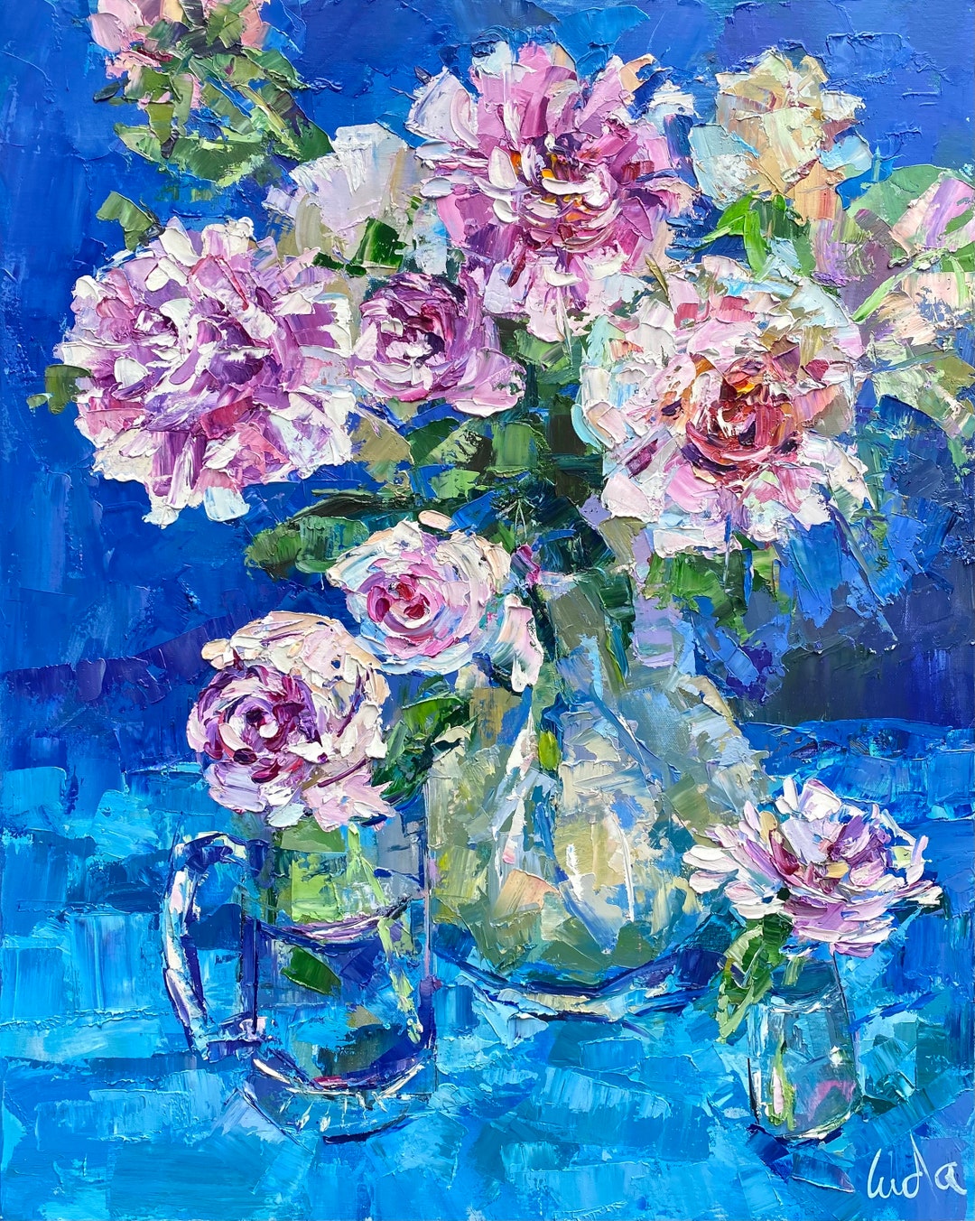 Impasto Painting Still Life of Pink Peony Flowers Peonies Pink Roses in ...