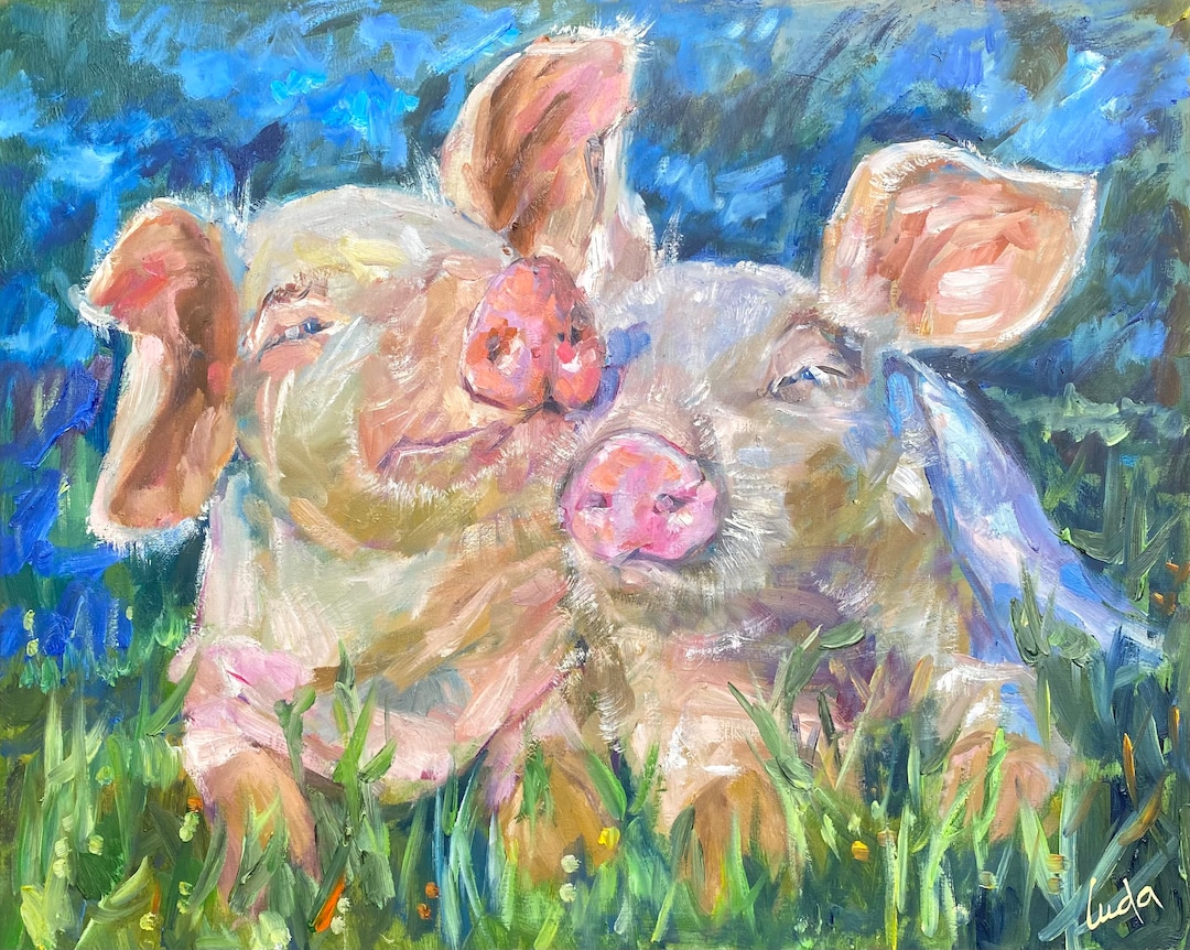 Two in Love Pigs Cute Couple Pig Oil Painting on Canvas Size 24x30 ...