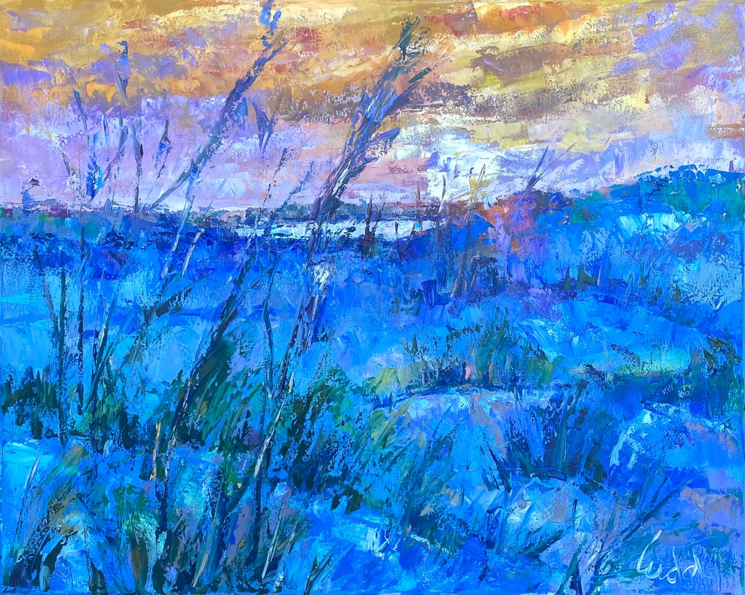 Impasto Nature Sunset Open Field Swamp Landscape Oil Painting on Canvas ...