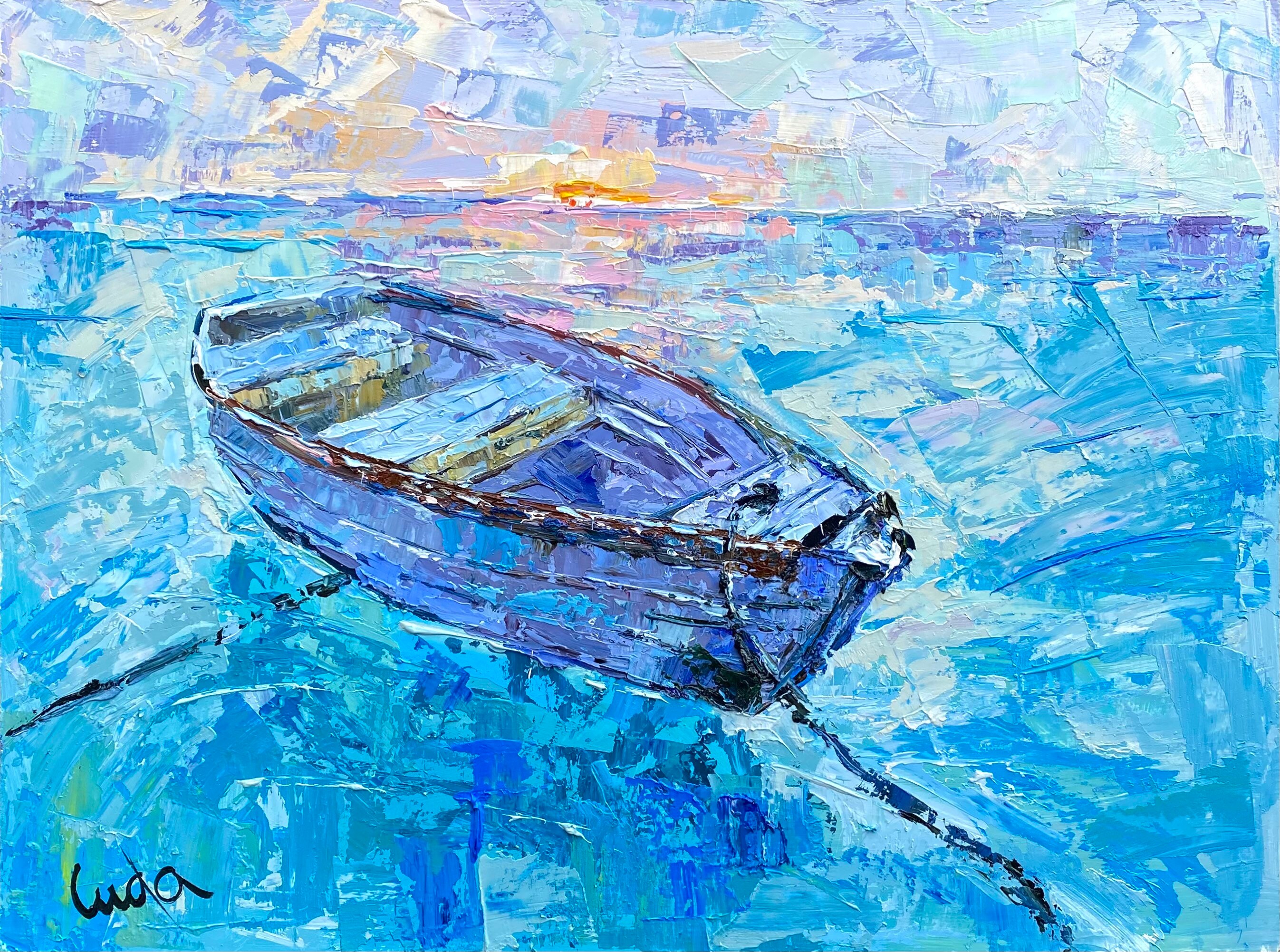Art Impasto Seascape Boat in the Middle of an Ocean Sailboat Sea ...