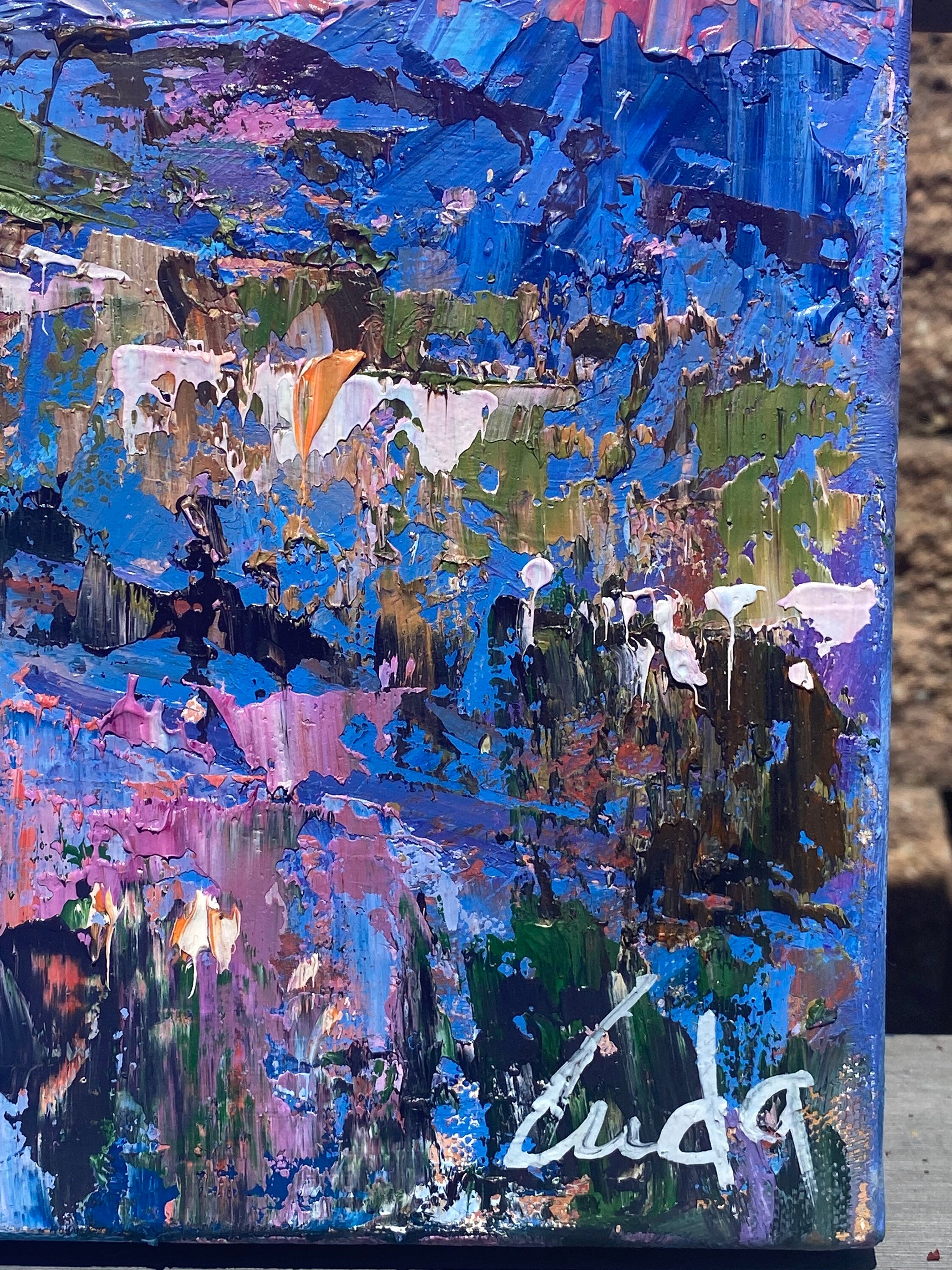 Impasto Sunset Behind Mountains by a Lake Landscape Oil Painting on ...