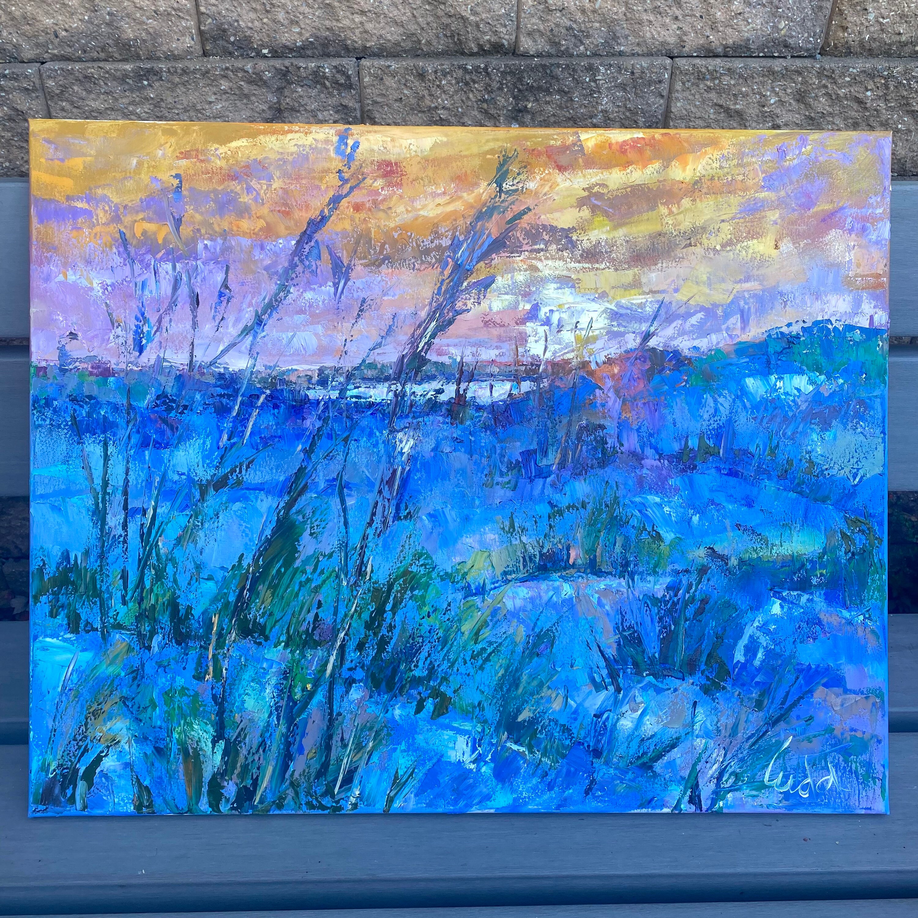 Impasto Nature Sunset Open Field Swamp Landscape Oil Painting on Canvas ...