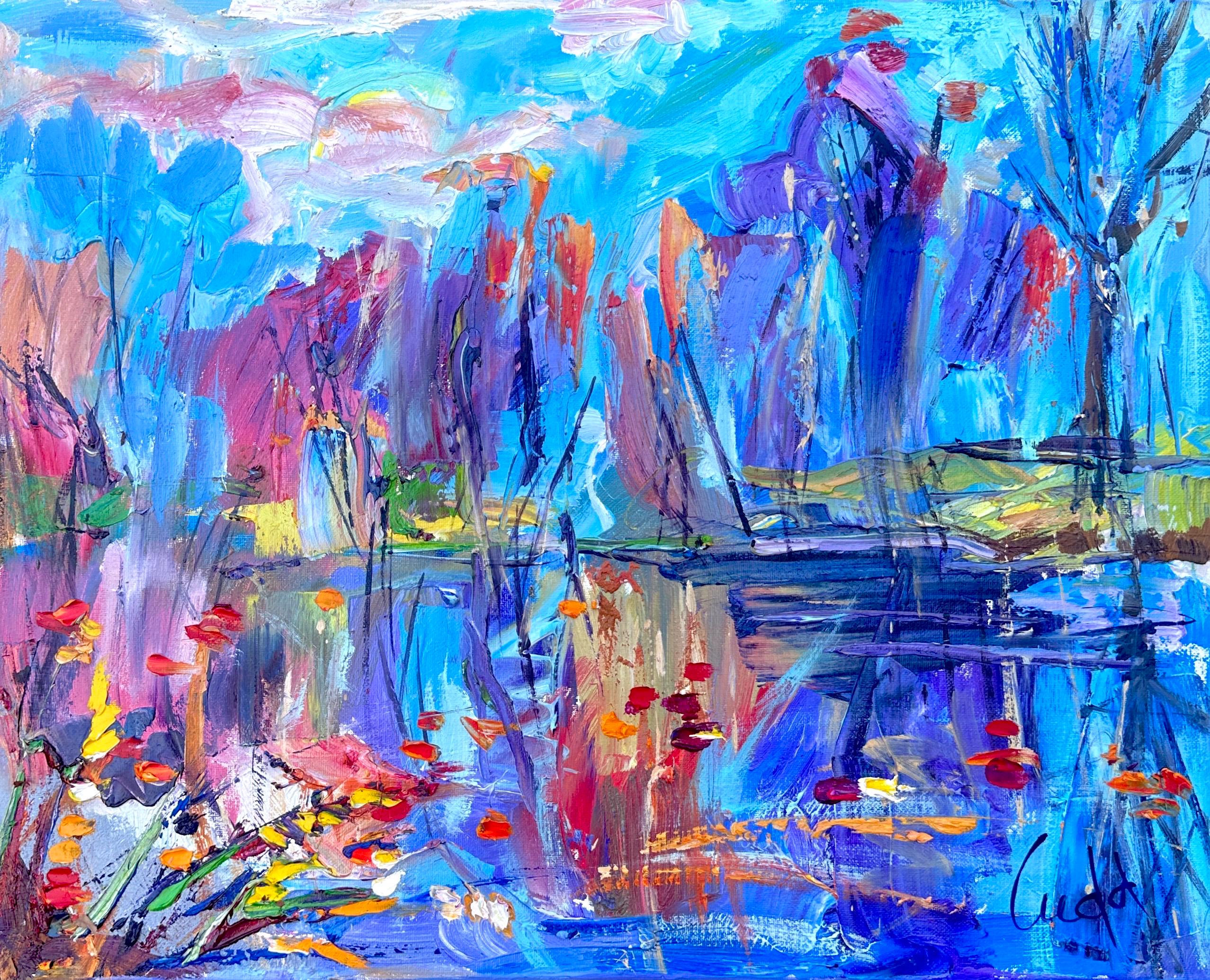 Nature Painting of Clouds in Sky, Trees, and Lake Autumn Landscape Oil ...