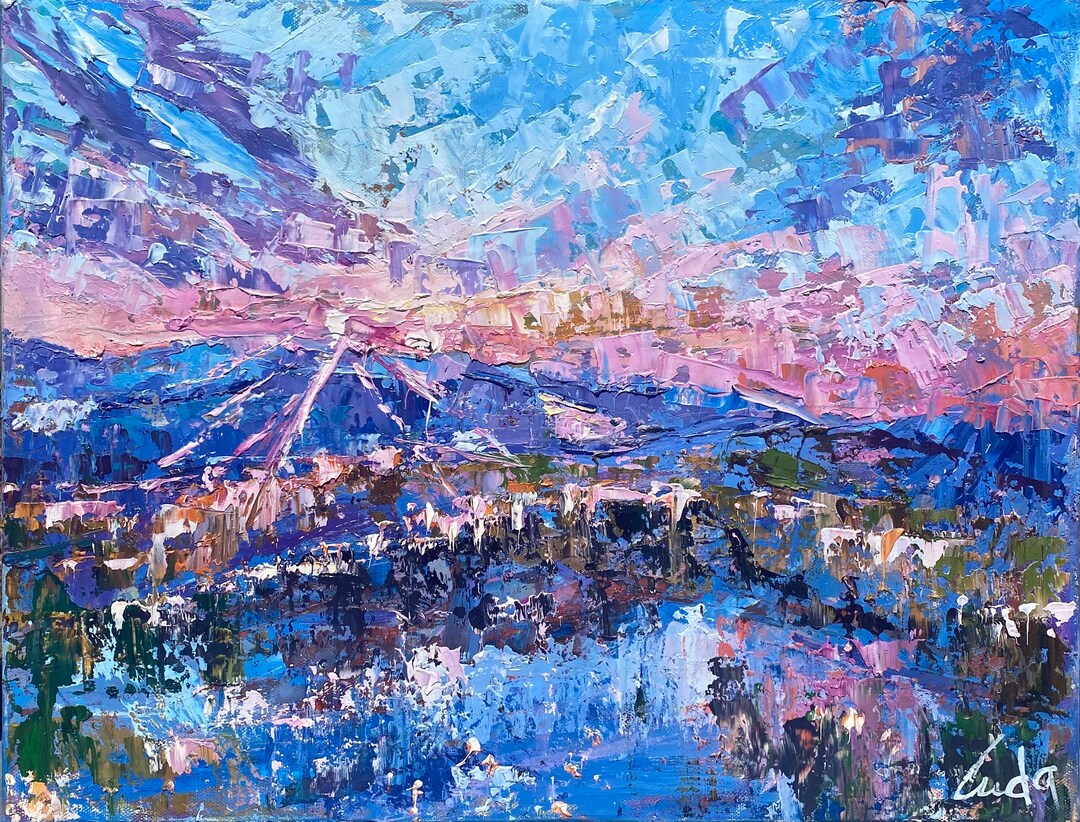 Impasto Sunset Behind Mountains by a Lake Landscape Oil Painting on ...