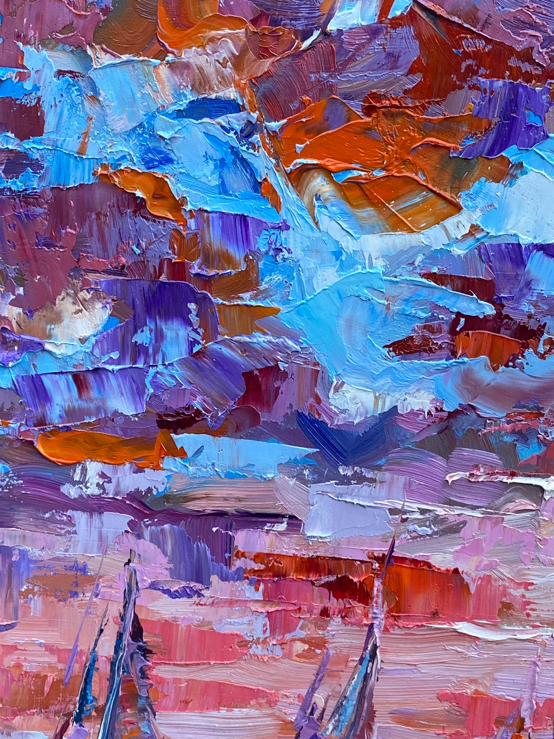 Impasto Sunset Seascape Ocean Sailboats Painting Boats on Water ...