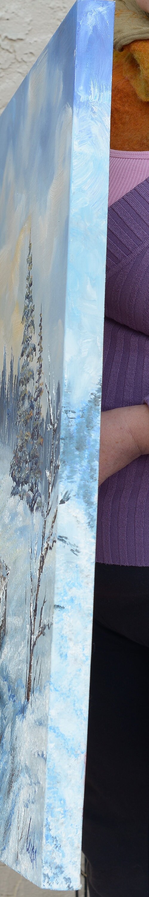 Snow Winter Landscape With a Cabin in the Woods Oil Painting on Canvas ...