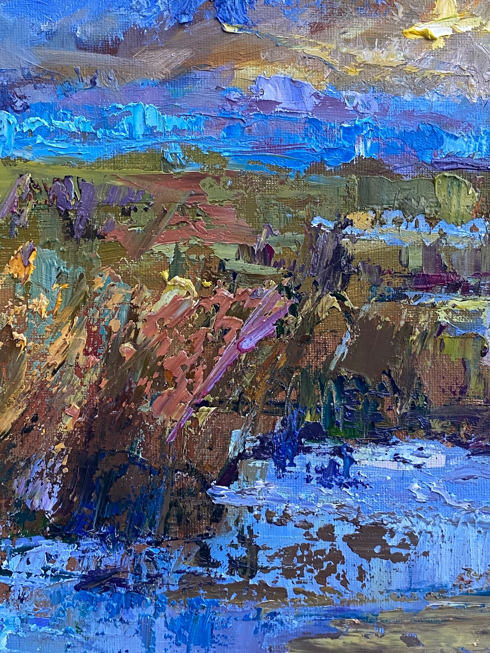 Impasto Nature Open Field Swamp Landscape With a River Oil Painting on ...